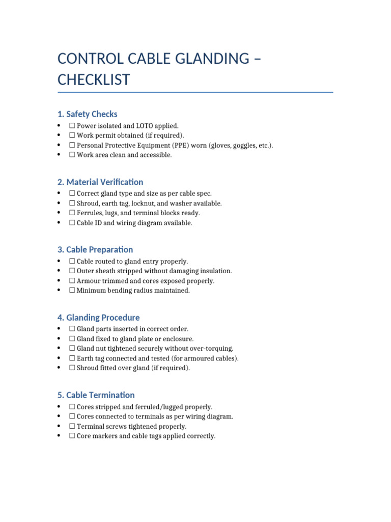 Control Cable Glanding - Checklist: 1. Safety Checks | PDF