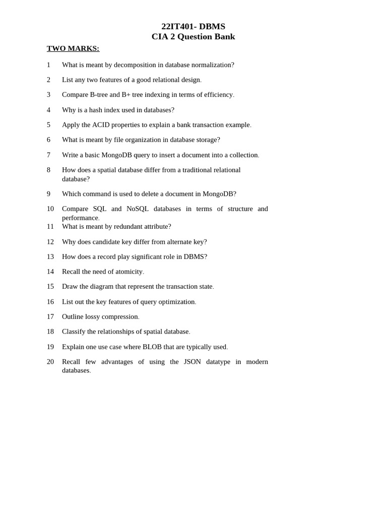 DBMS CIA 2 Question Bank | PDF | Databases | Database Index