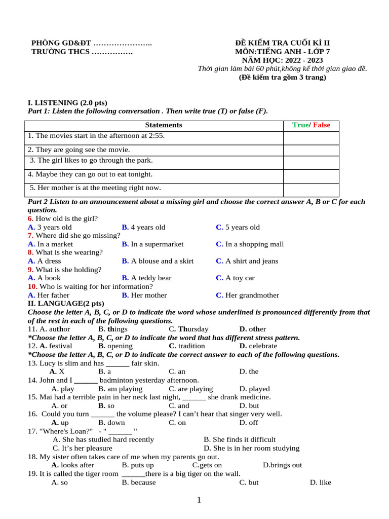 English Test for 7th Grade Students | PDF | Flowers