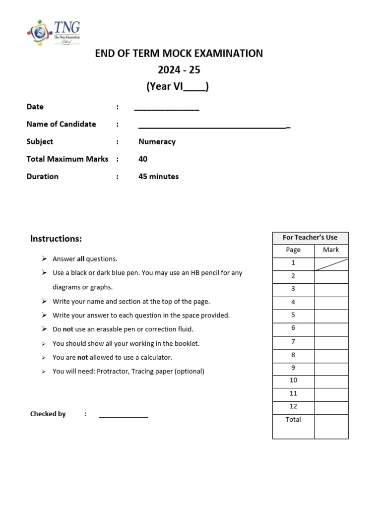 MOCK, Year 6 -Exam-Term I-Num-2024-25 | PDF