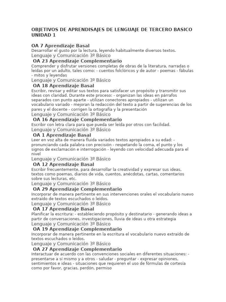 Objetivos de Aprendizaje de Lenguaje | PDF | Comunicación | Aprendizaje