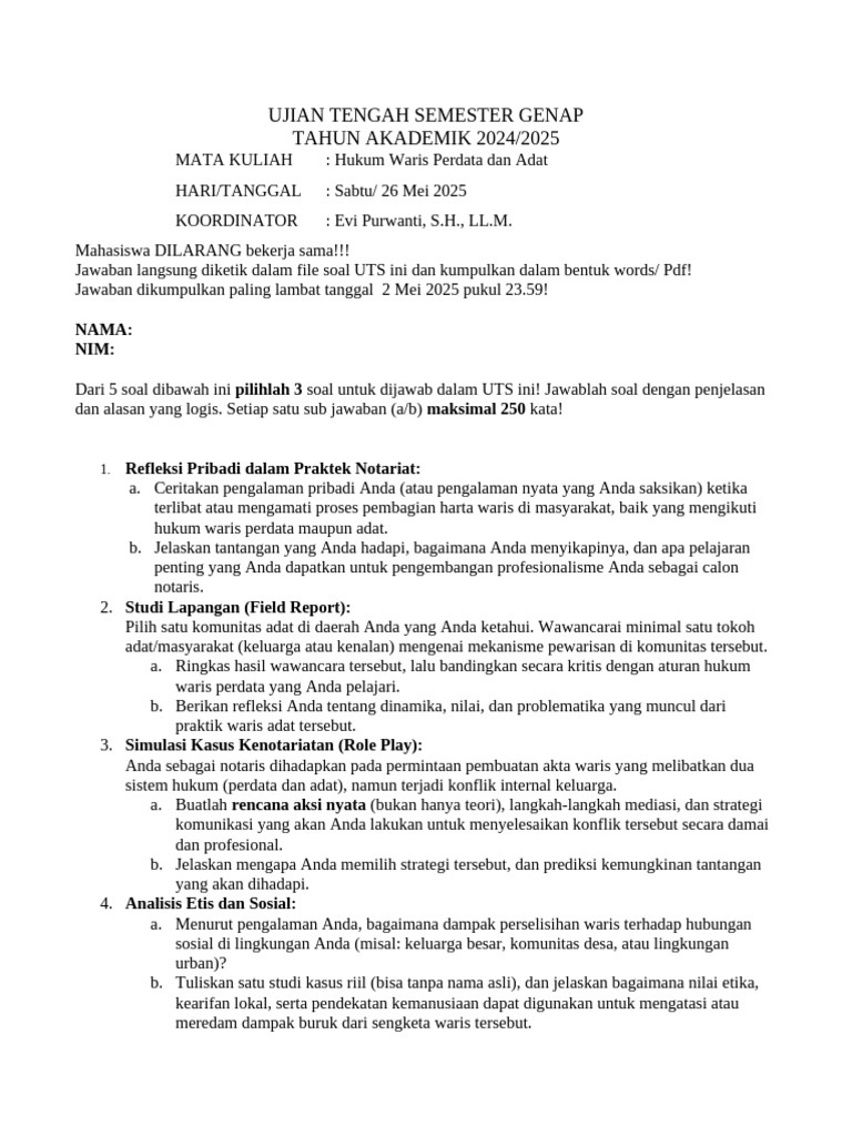 UTS Hukum Kewarisan Perdata Dan Adat MKN 2025 | PDF