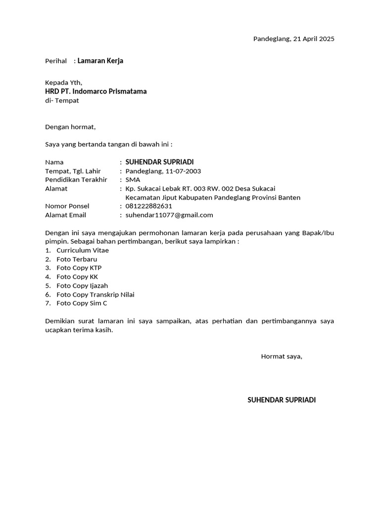 Lamaran SUHENDAR SUPRIADI | PDF