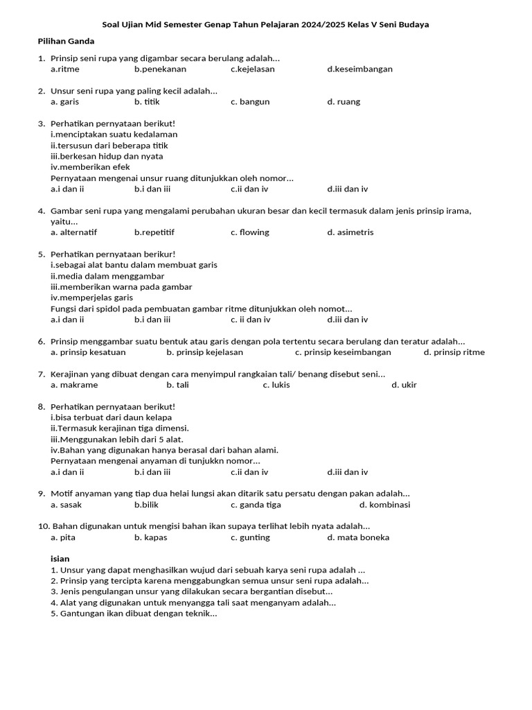 Soal Mid Semester 2 Kelas 5 SENI | PDF