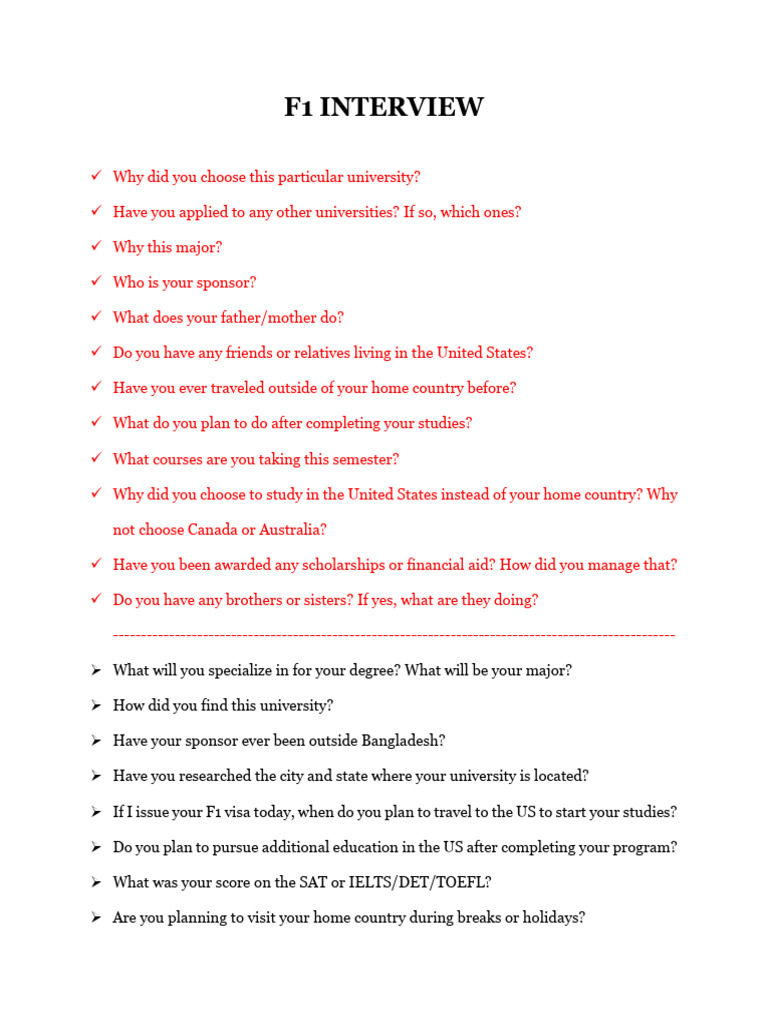 Essential F1 Visa Interview Questions | PDF