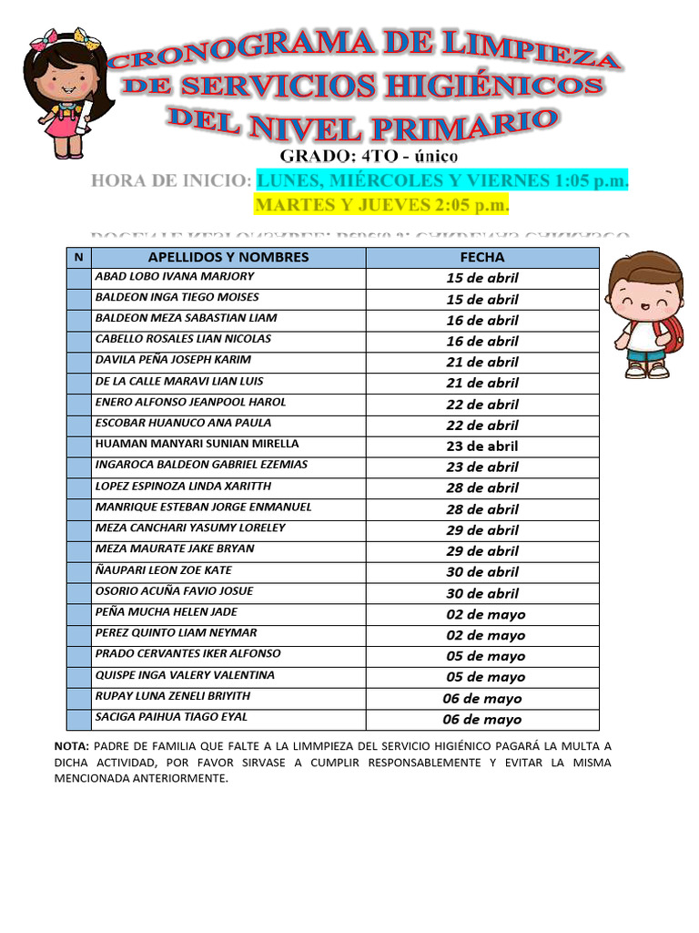Cronograma de Limpieza 4to Grado | PDF