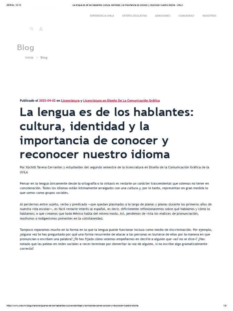 La Lengua Es de Los Hablantes Cultura, Identidad y La Importancia de ...