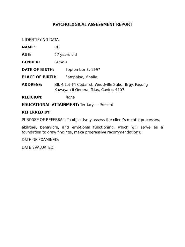 RD Psychological Assessment Report | PDF | Mental Disorder | Borderline ...