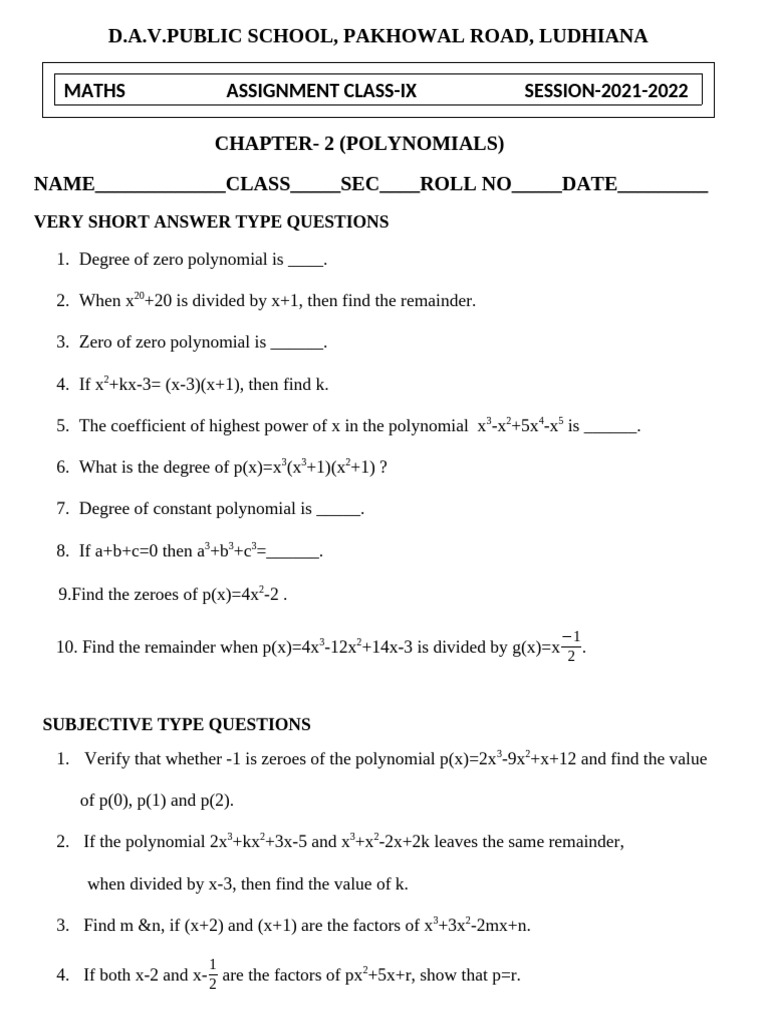 CH - 2 Polynomials | PDF