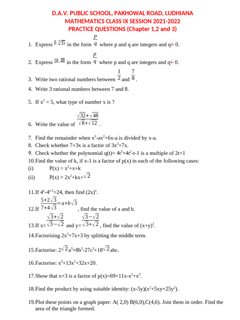 Revision Assignment CH-1,2,3 Class 9 | PDF