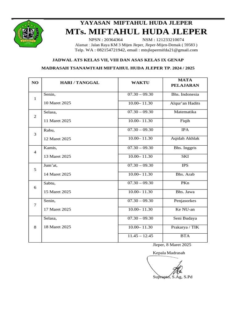 Jadwal Sumatif Dan Jadwal Pengawas | PDF