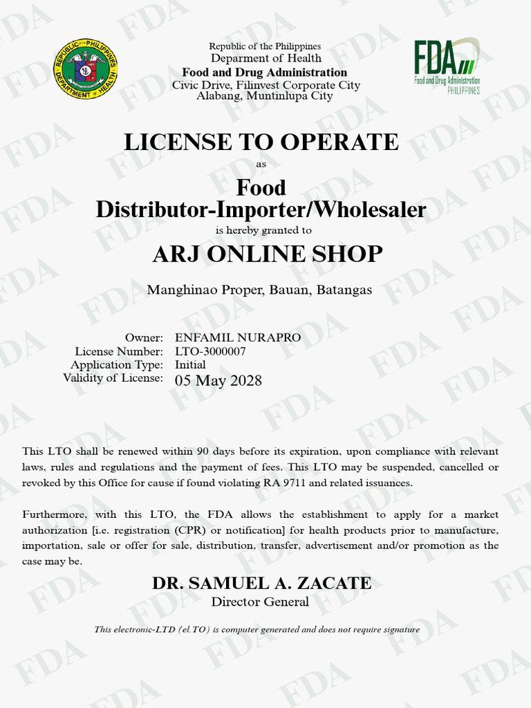 FDA License for Food Distributor | PDF | Food And Drug Administration ...