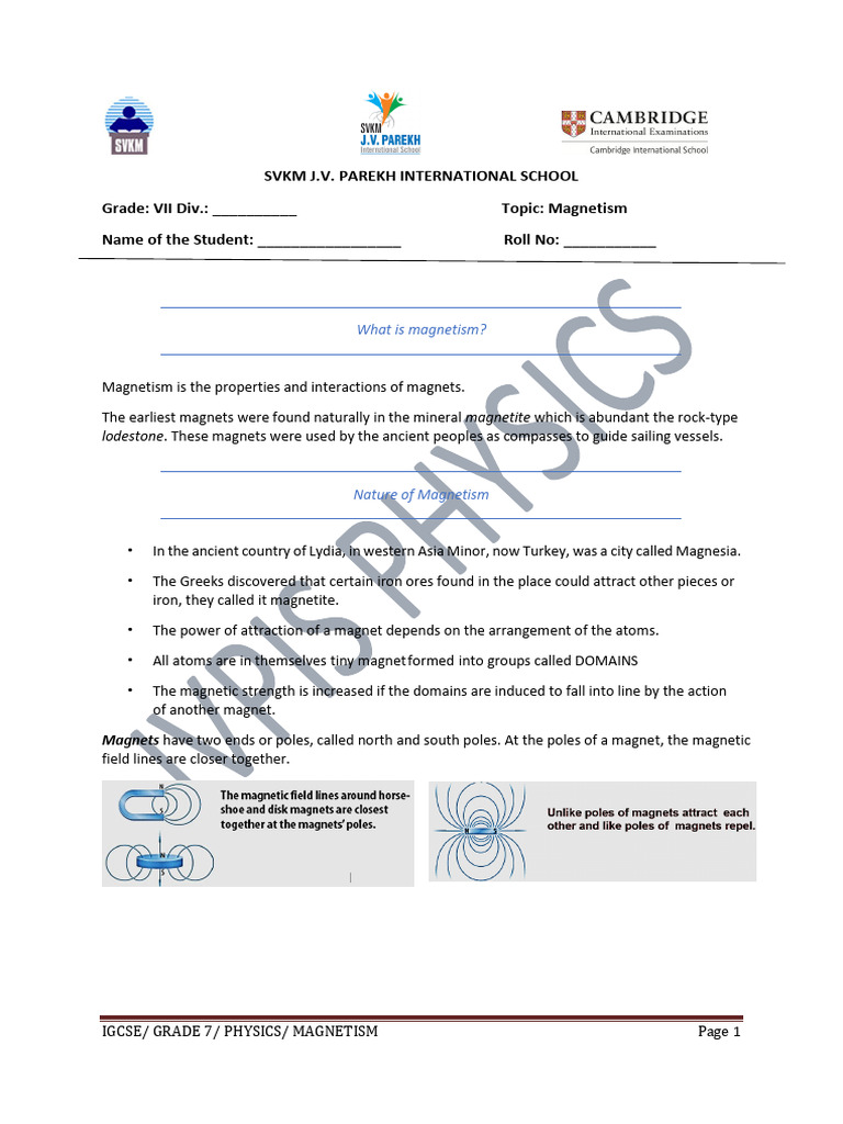 Grade 7_Magnetism_study Material (1) | PDF | Magnet | Magnetism