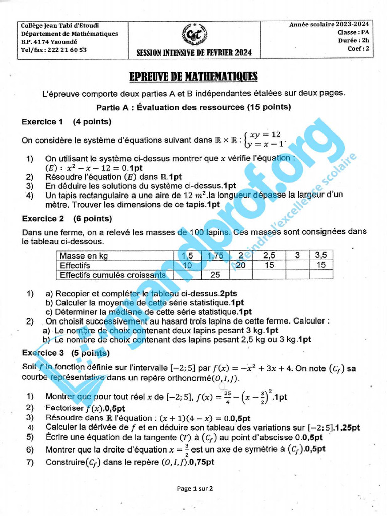 Maths 1erea Probatoire Blanc College Jean Tabi Fevrier 2024 | PDF