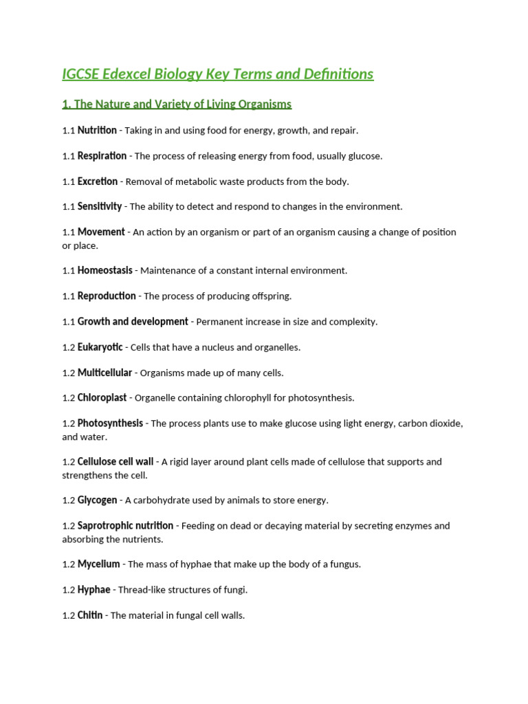 IGCSE Edexcel Biology Key Terms and Definitions | PDF | Genetics | Gene