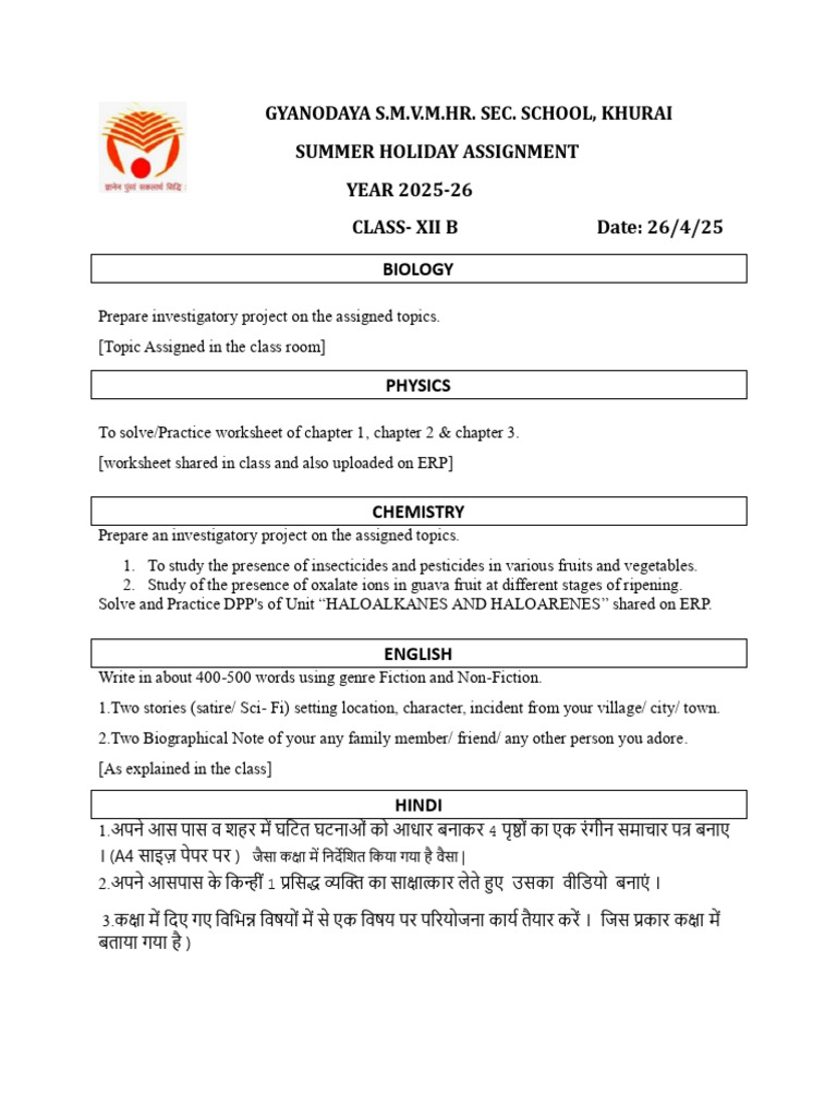 Gyanodaya School Holiday Assignments 2025-26 | PDF