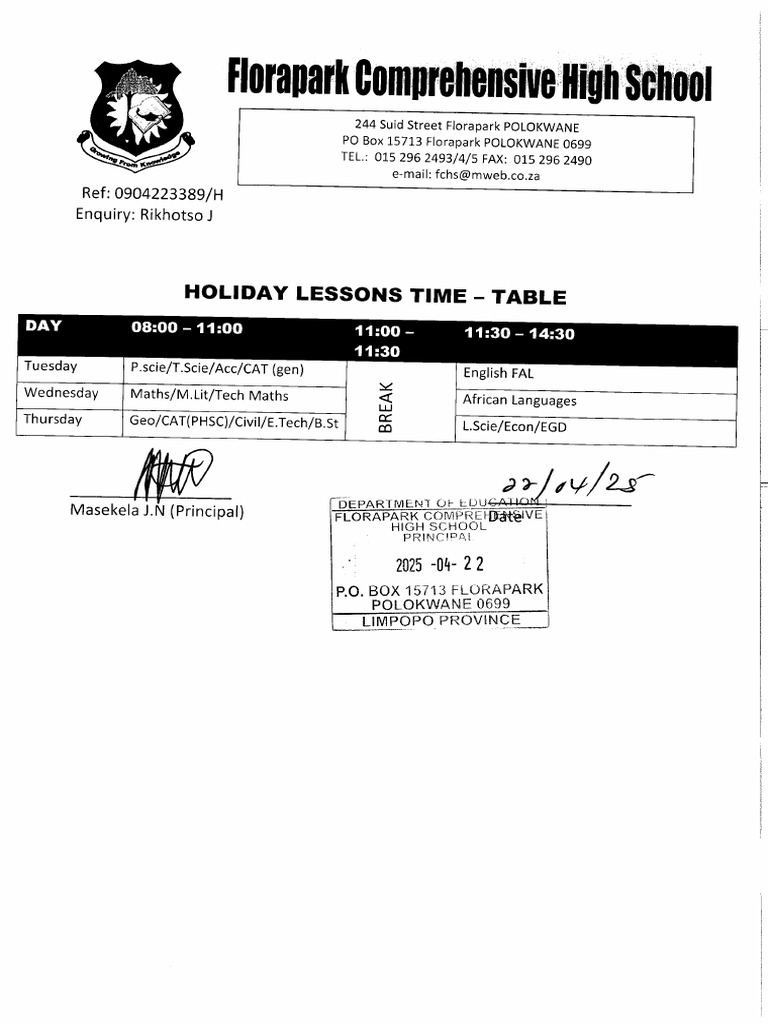 Holiday Lessons Time-Table | PDF