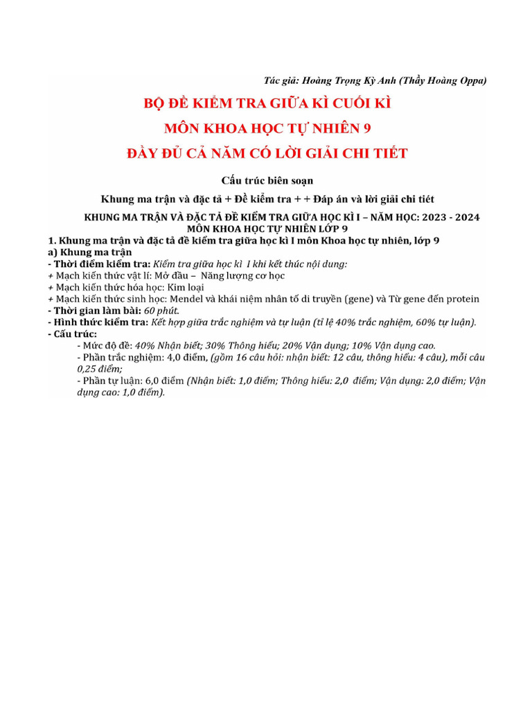 KHTN9 Bo de Kiem Tra Giua Ki 1 | PDF