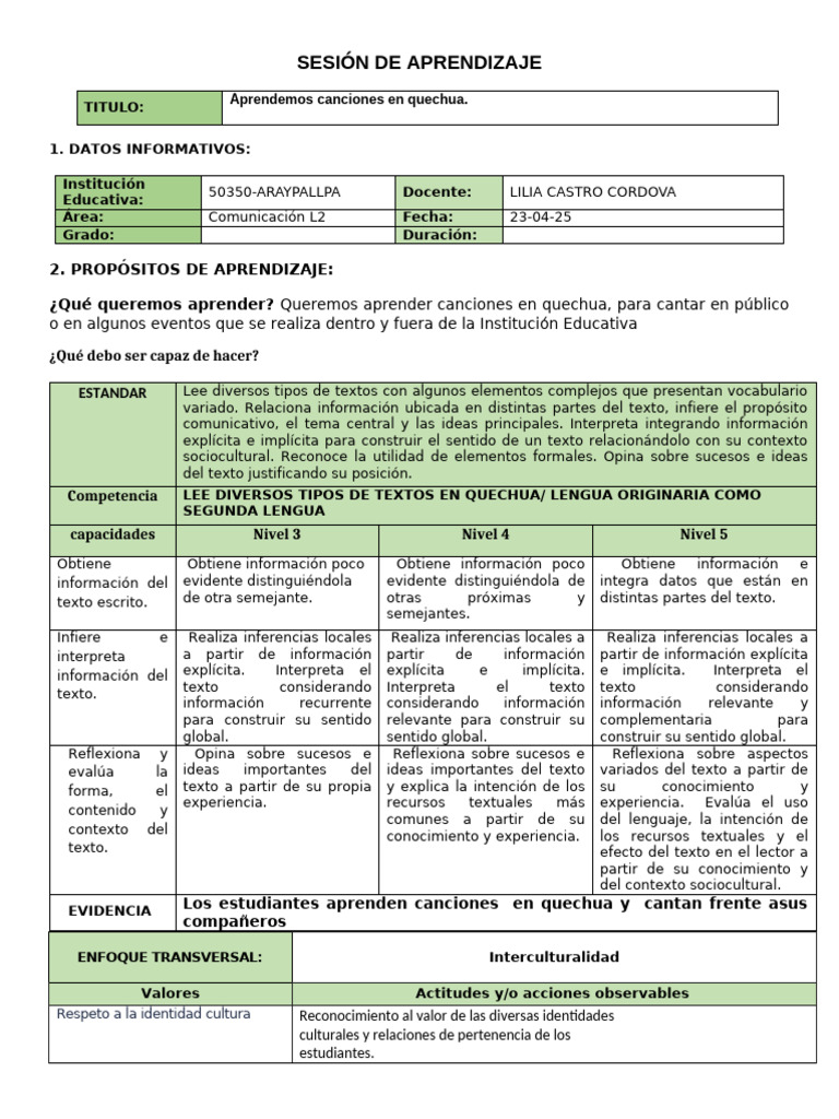 SESIÓN DE APRENDIZAJE - Canciones en Quechua | PDF | Información | Aprendizaje