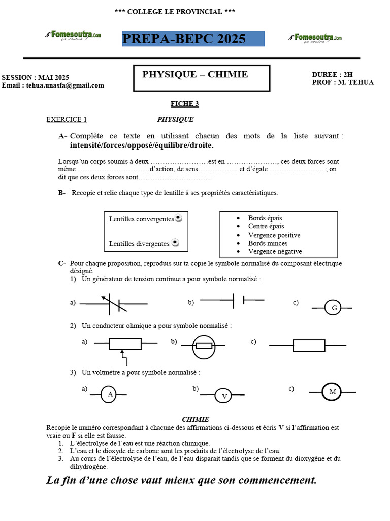 Prepa Bepc 2025 Fiche 3 PC by Tehua | PDF | Chimie | Sciences physiques