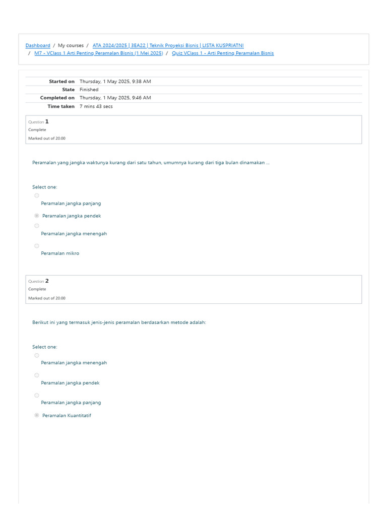 Quiz VClass 1 - Arti Penting Peramalan Bisnis - Attempt Review | PDF