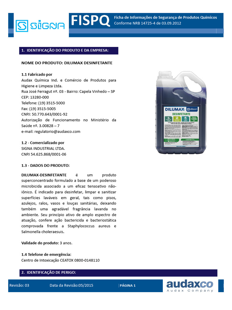 FISPQ do Desinfetante Dilumax | PDF | Química | Vapor