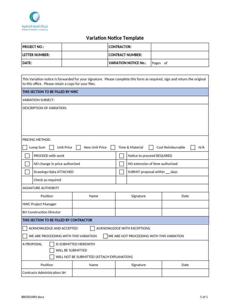 Variation Notice Template for Contractors | PDF
