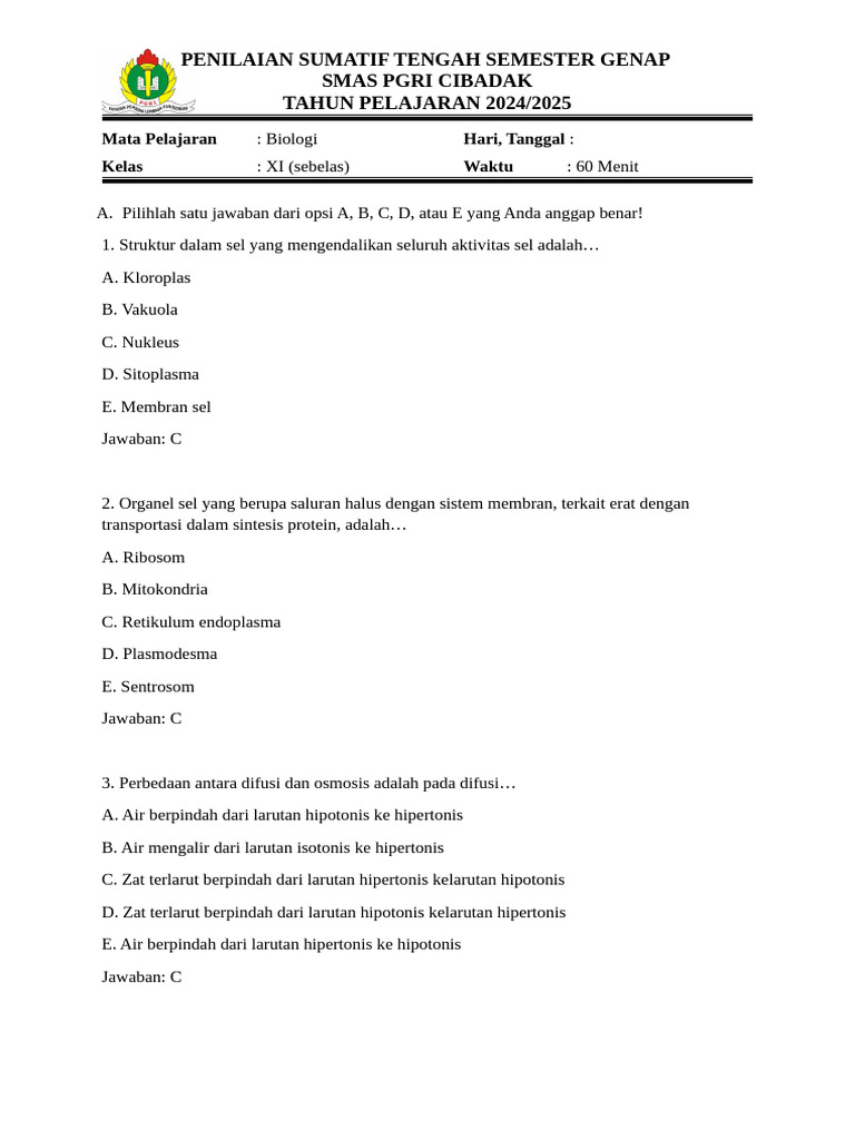 Soal PSTS - Biologi Kelas 11 | PDF