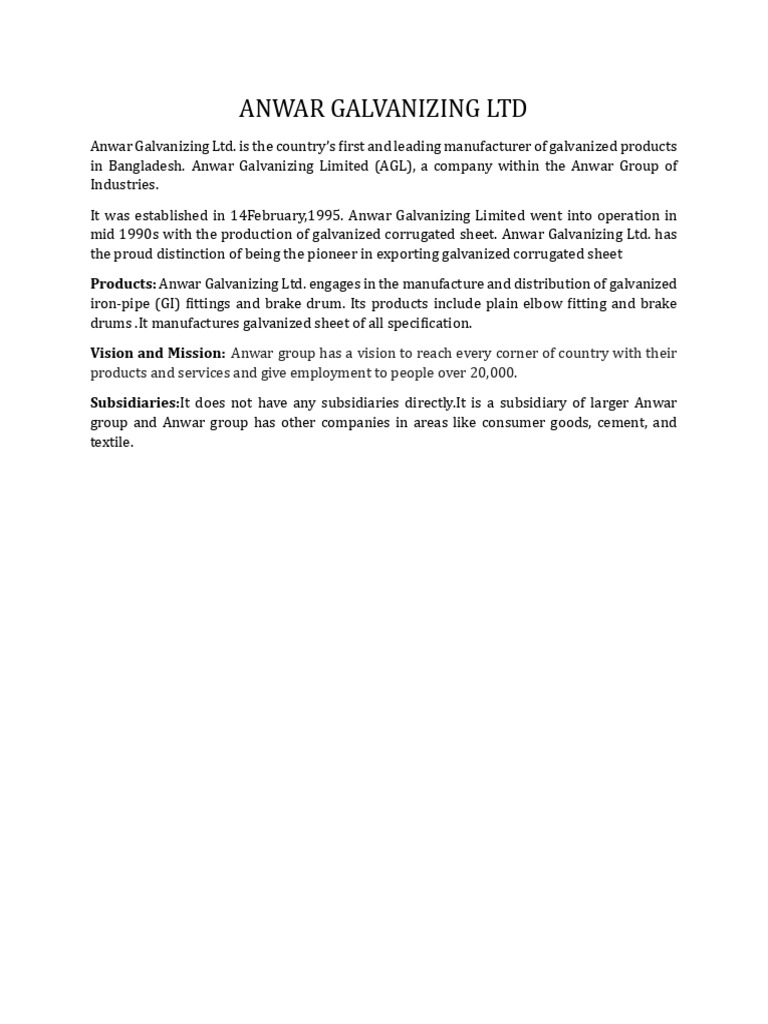 Anwar Galvanizing Ltd: Pioneer in Bangladesh | PDF