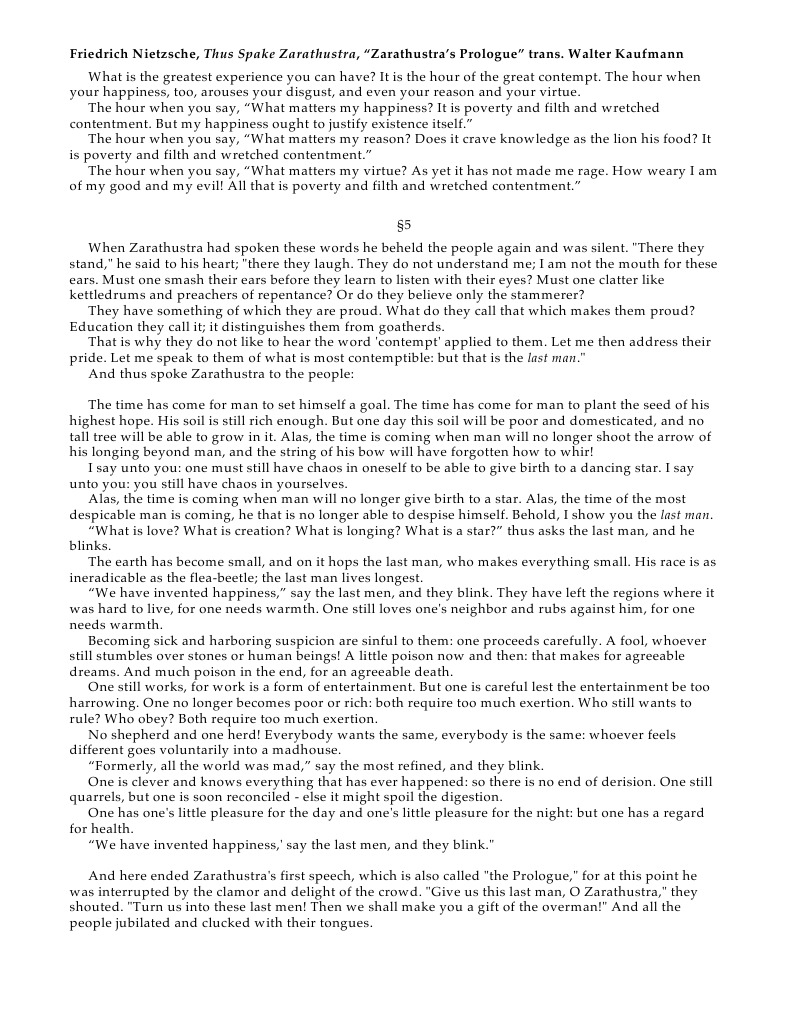 Nietzsche, Zarathustra The Last Man | Thus Spoke Zarathustra ...