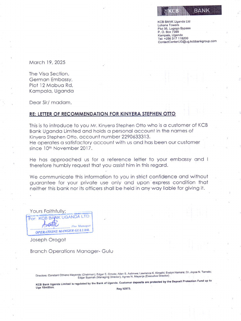 Recommendation Letter - KCB Bank | PDF