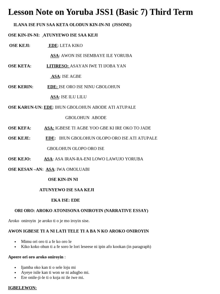 Yoruba JSS1 3RD Term Note | PDF