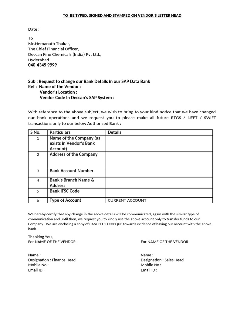 Request to Update Bank Details in SAP | PDF