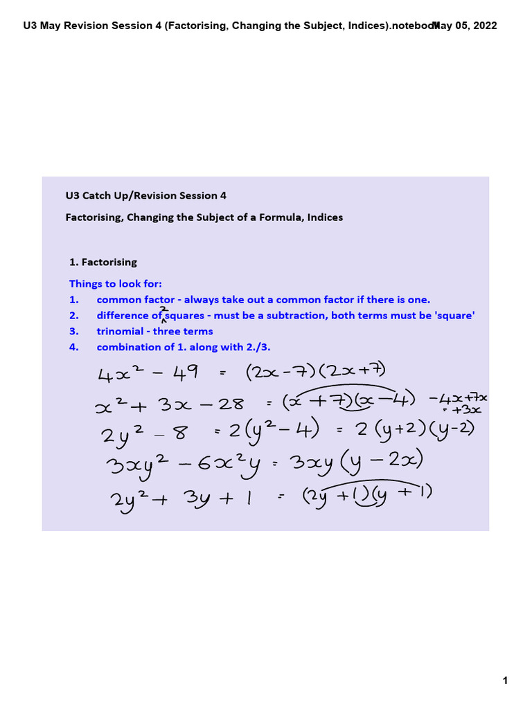 U3 May Revision Session 4 (Factorising, Changing the Subject, Indices ...