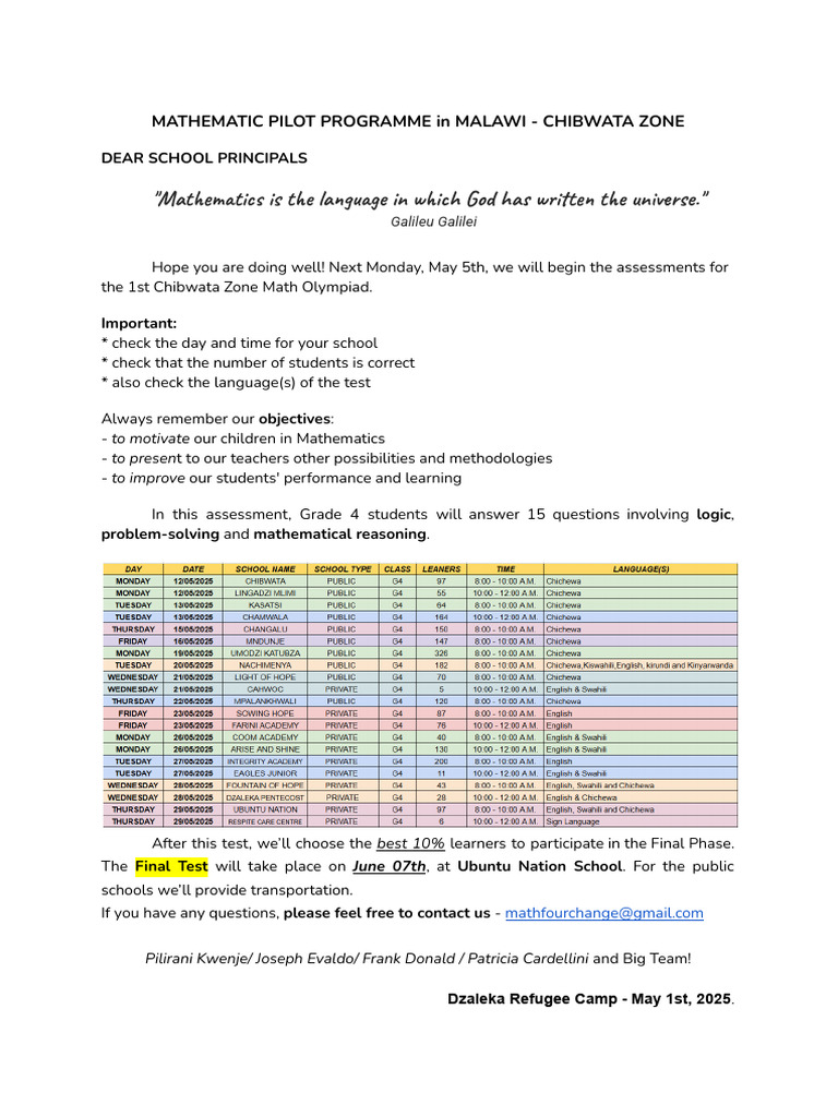 COMMUNICATION TO PRINCIPALS ABOUT THE MATH OLYMPIAD (2) | PDF