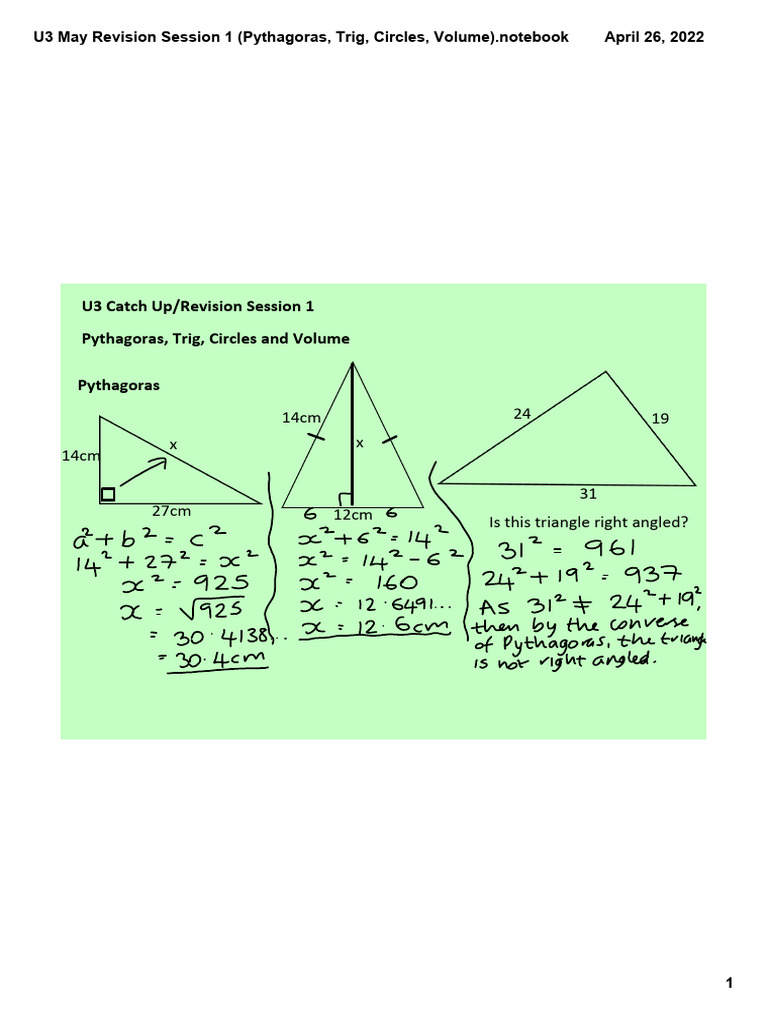 U4 May Revision Session 1 (Pythagoras, Trig, Circles, Volume) | PDF