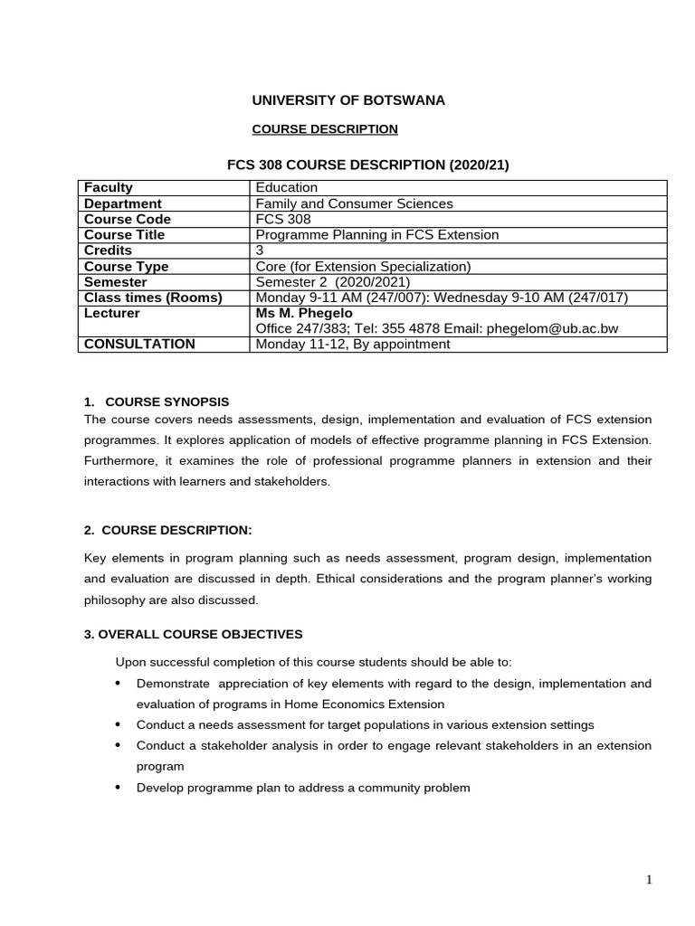 FCS 308 Course Outline Sem II 2021 | PDF | Evaluation | Planning