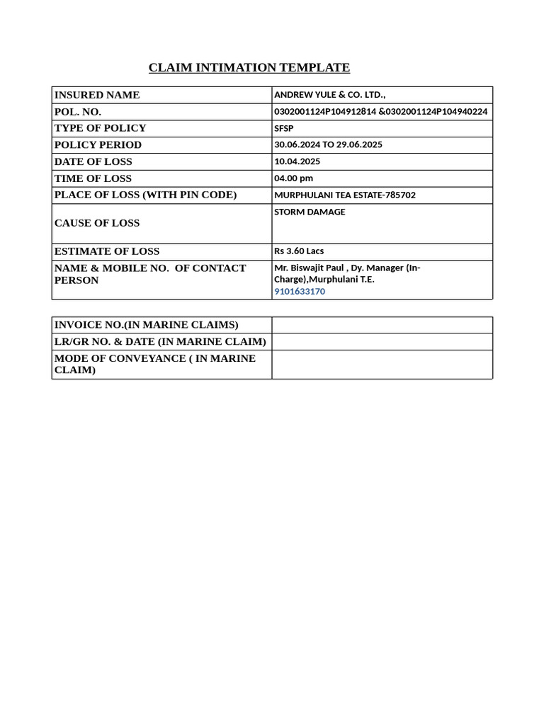 Claim Intimation Template-Mur | PDF