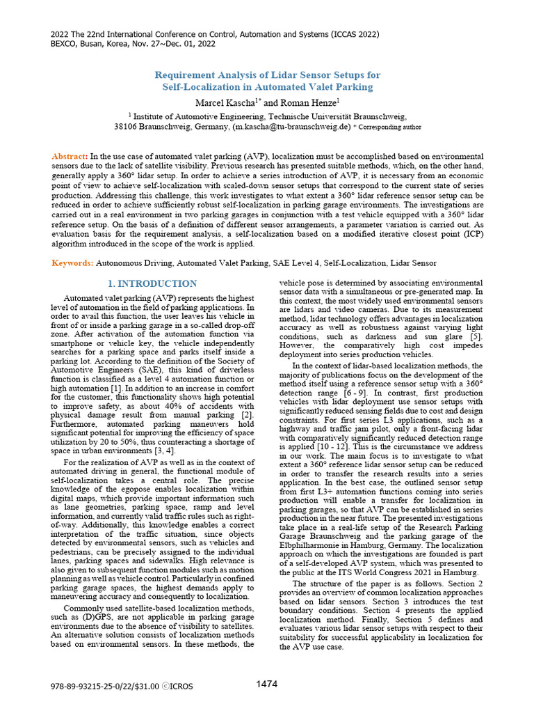 Requirement Analysis of Lidar Sensor Setups For Self-Localization in Automated Valet Parking ...