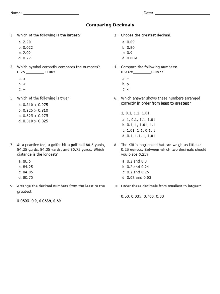 Comparing Decimals (Grade 5) - Free Printable Tests and Worksheets ...