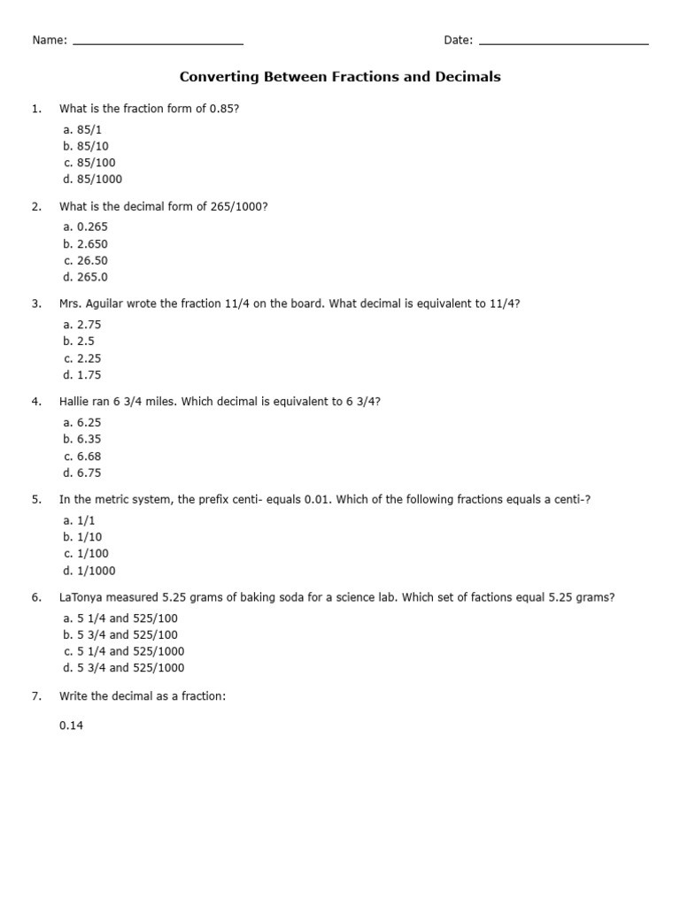 Converting Between Fractions and Decimals (Grade 4) - Free Printable ...
