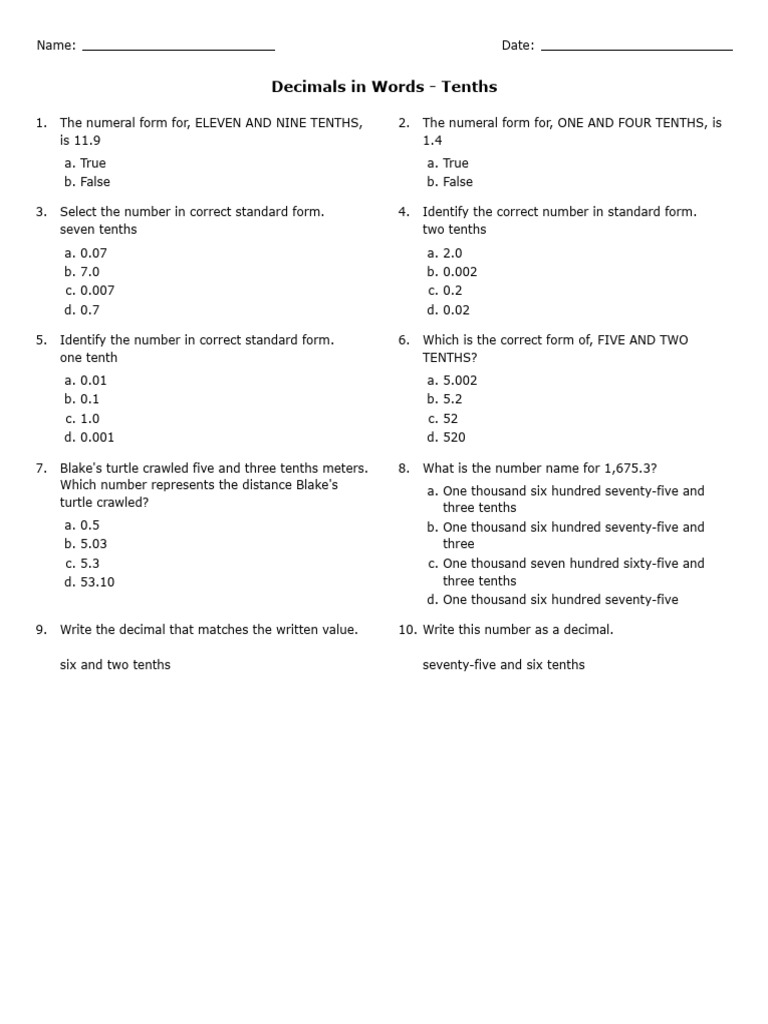Decimals in Words - Tenths (Grade 5) - Free Printable Tests and ...