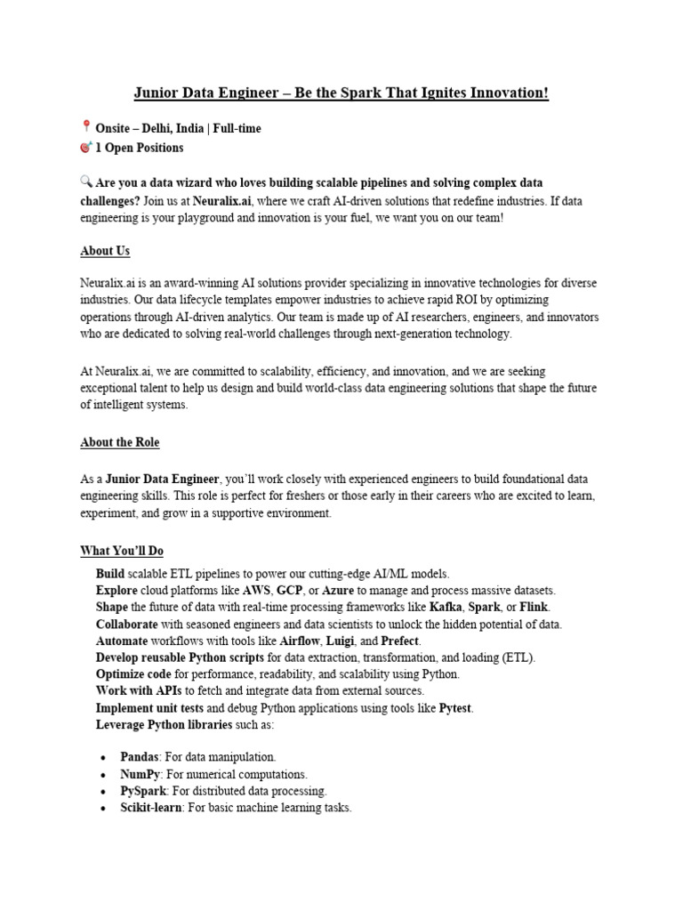 Junior Data Engineer Position at Neuralix.ai | PDF | Python ...