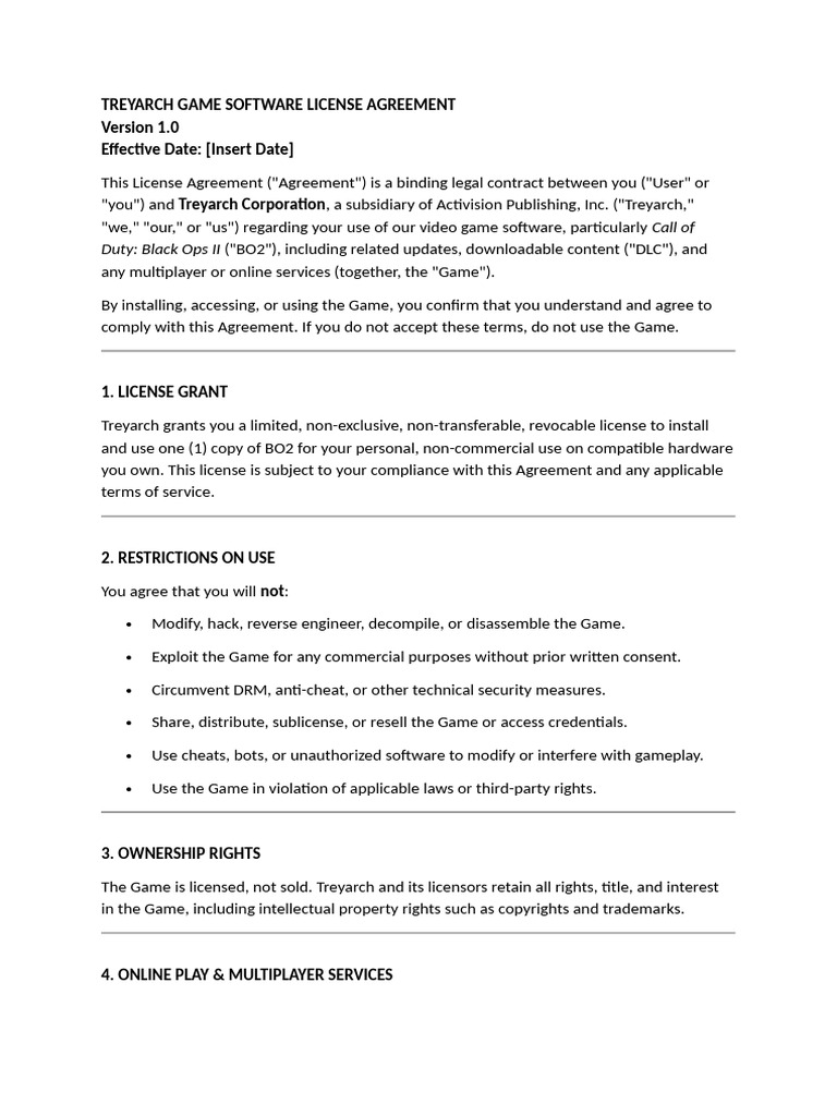 Treyarch Game Software License Agreement | PDF | License | Implied Warranty