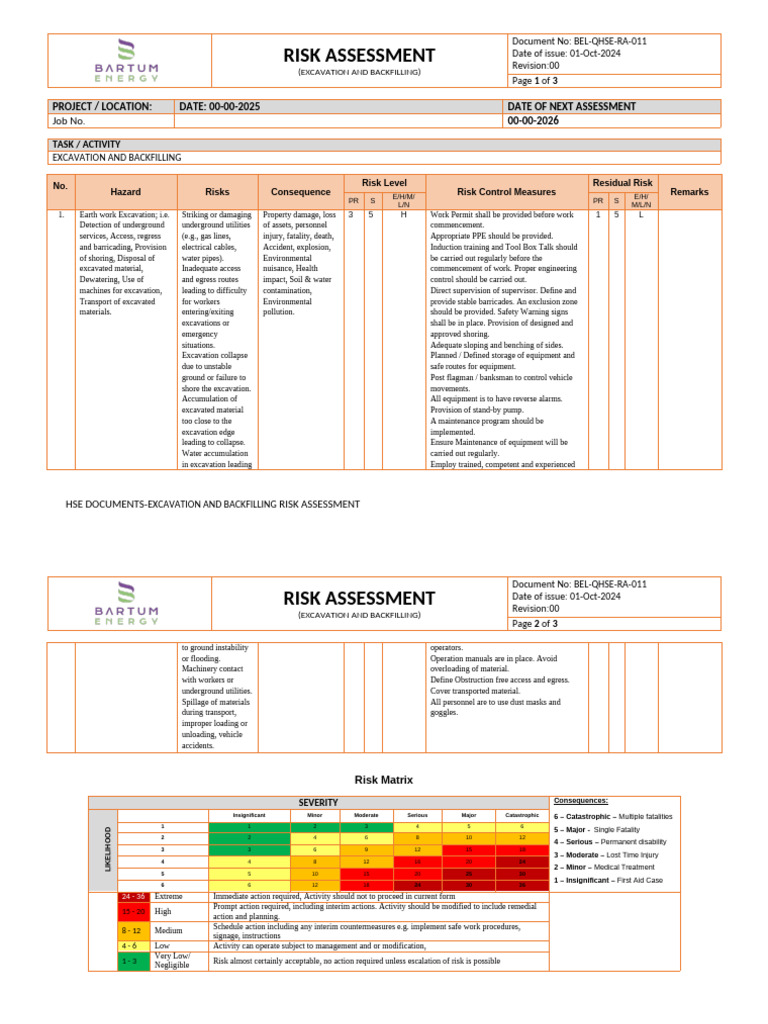 Risk Assessment For Excavation and Backfilling | PDF | Risk | Risk ...
