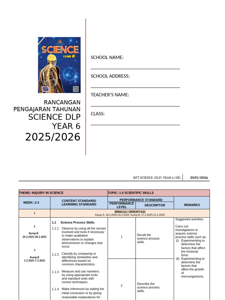 RPT SC DLP YEAR 6 (SK) 2025-2026 by Rozayus Academy (Kump B) | PDF ...