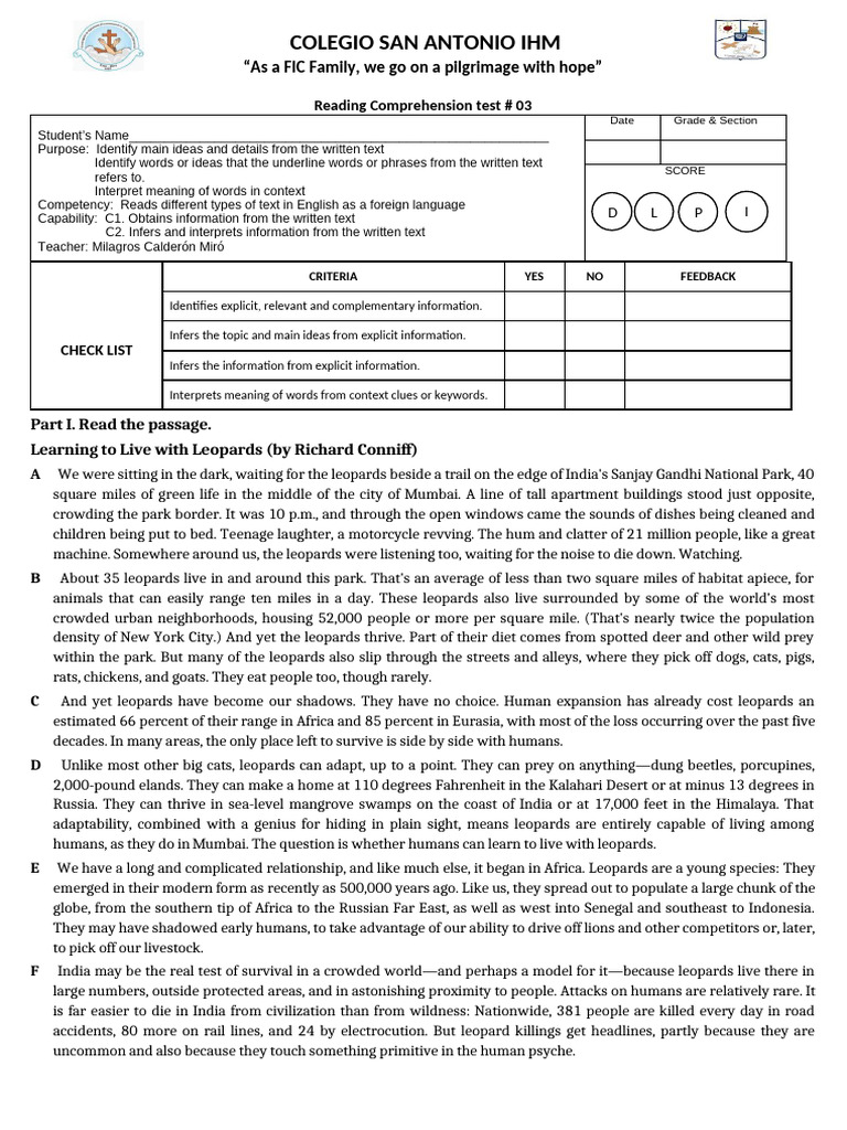 Reading Comprehension Test Unit 2 Reading 3 (English Version) | PDF ...
