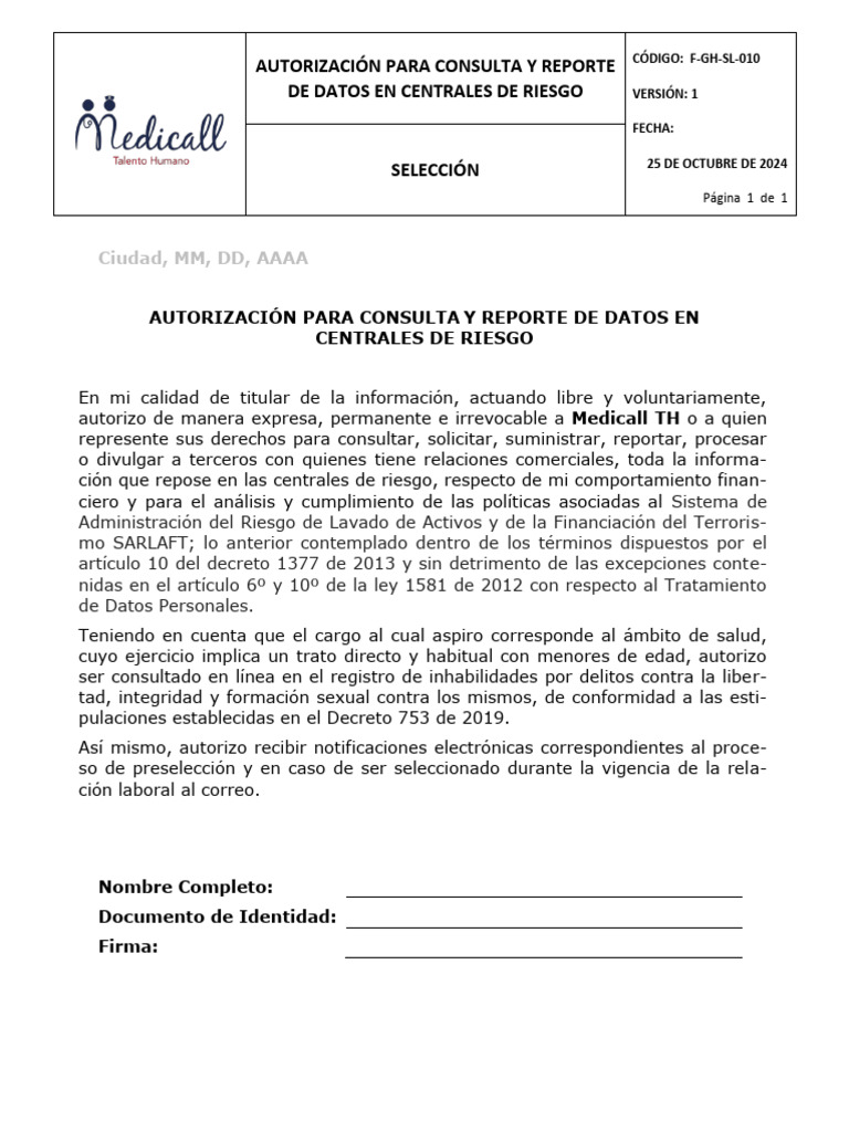 Autorización para Consulta y Reporte de Datos en Centrales de Riesgo | PDF