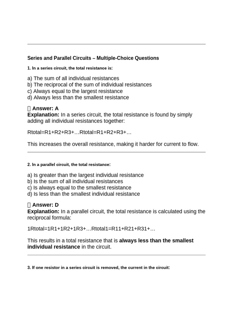 Series vs Parallel Circuits Quiz | PDF | Series And Parallel Circuits ...