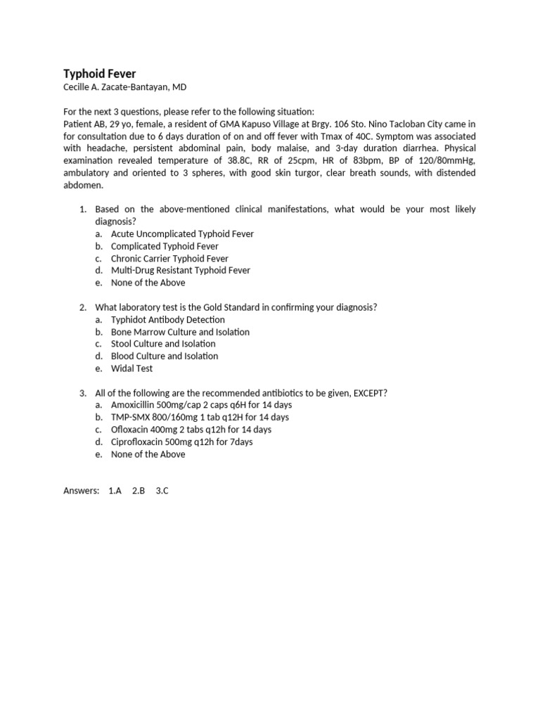 Typhoid Fever Diagnosis and Treatment | PDF